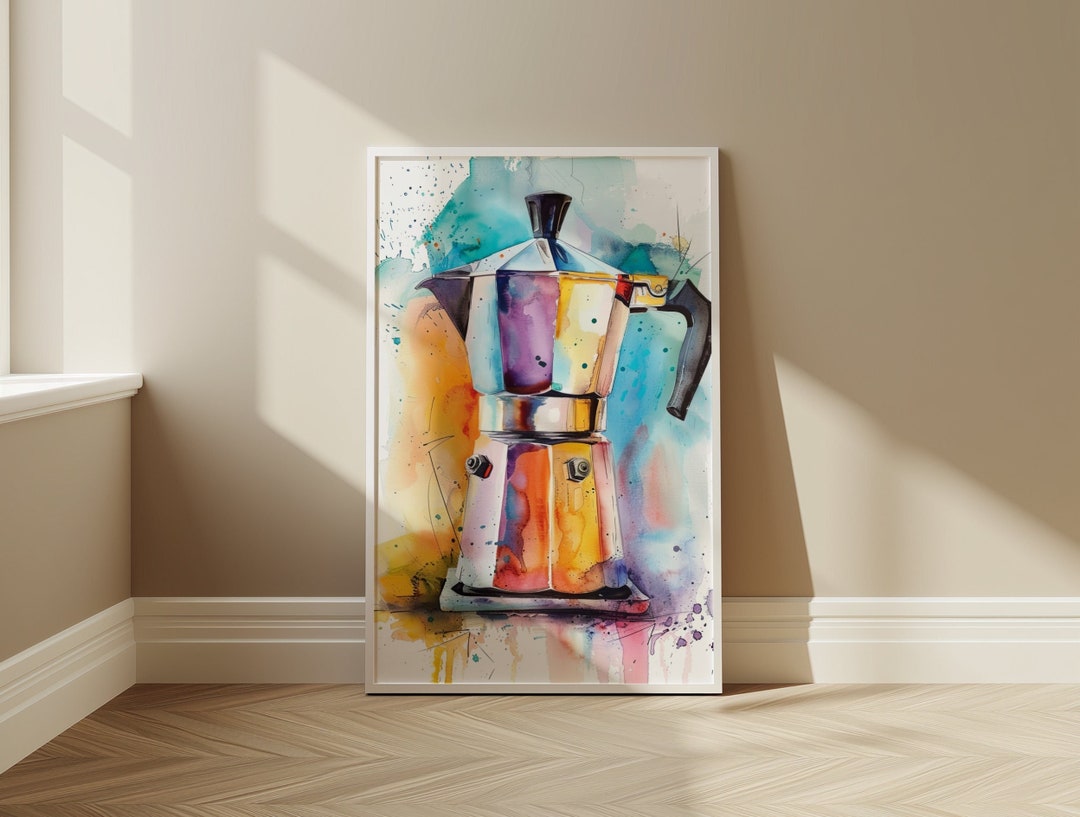 Moka Pot Watercolor Print, Colorful Kitchen Coffee Art (digital ...