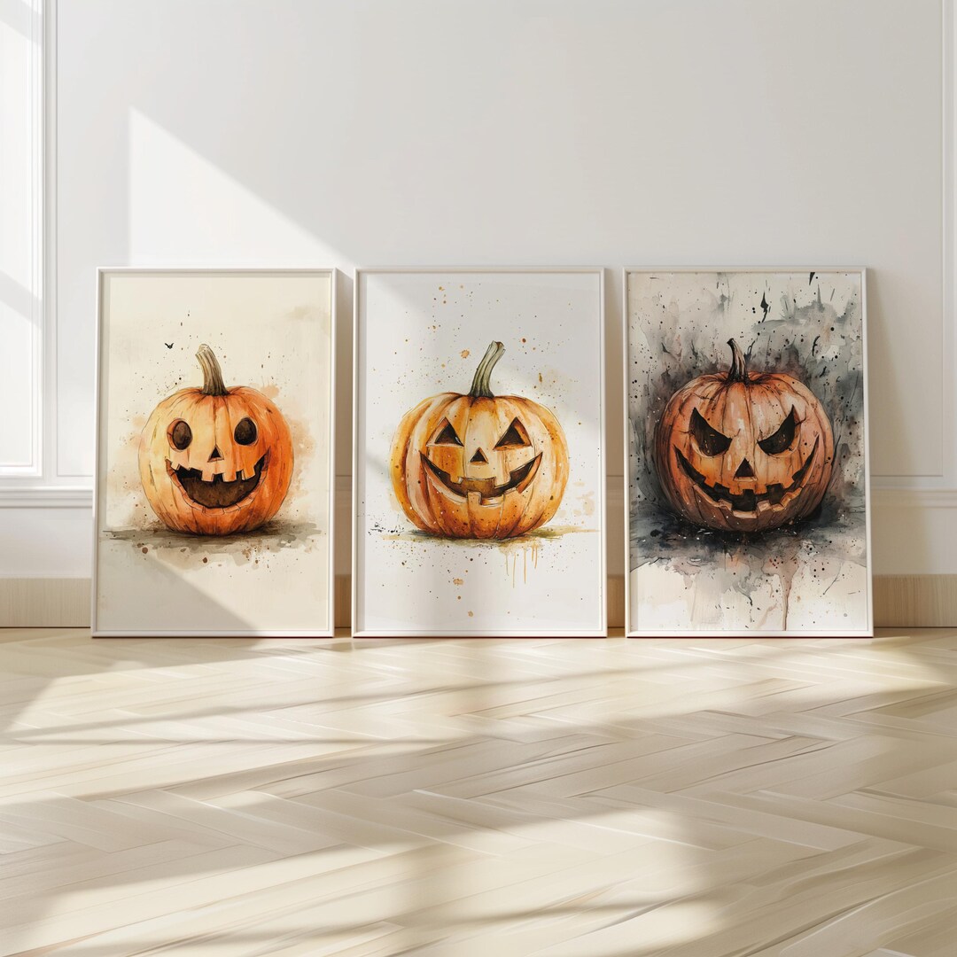 Halloween Pumpkin Posters Printable Art Set of 3 Watercolor Poster ...