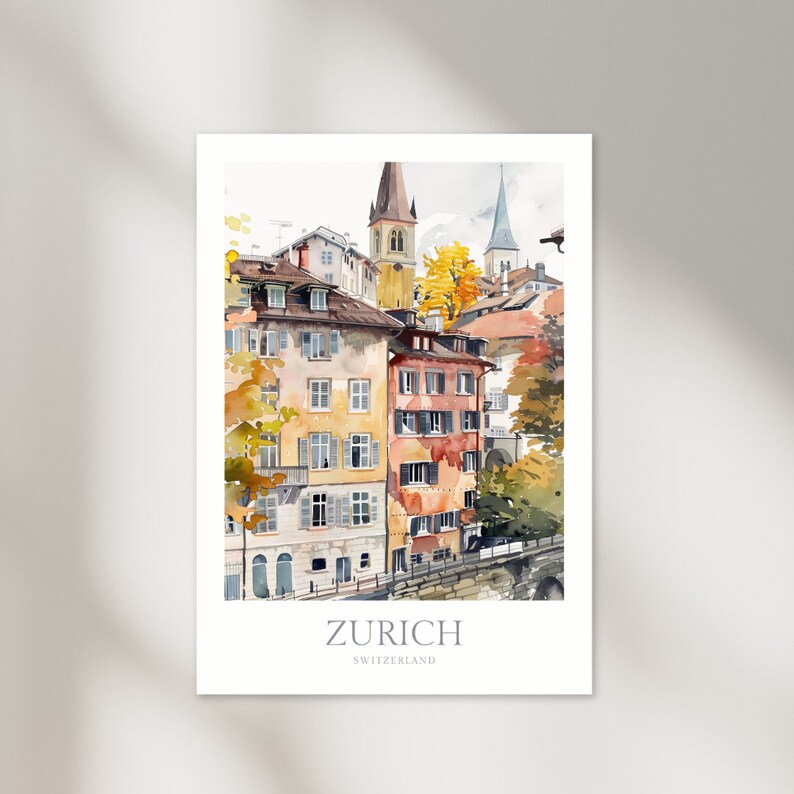 Zurich Switzerland Watercolor Art Print, Cityscape Poster (digital ...