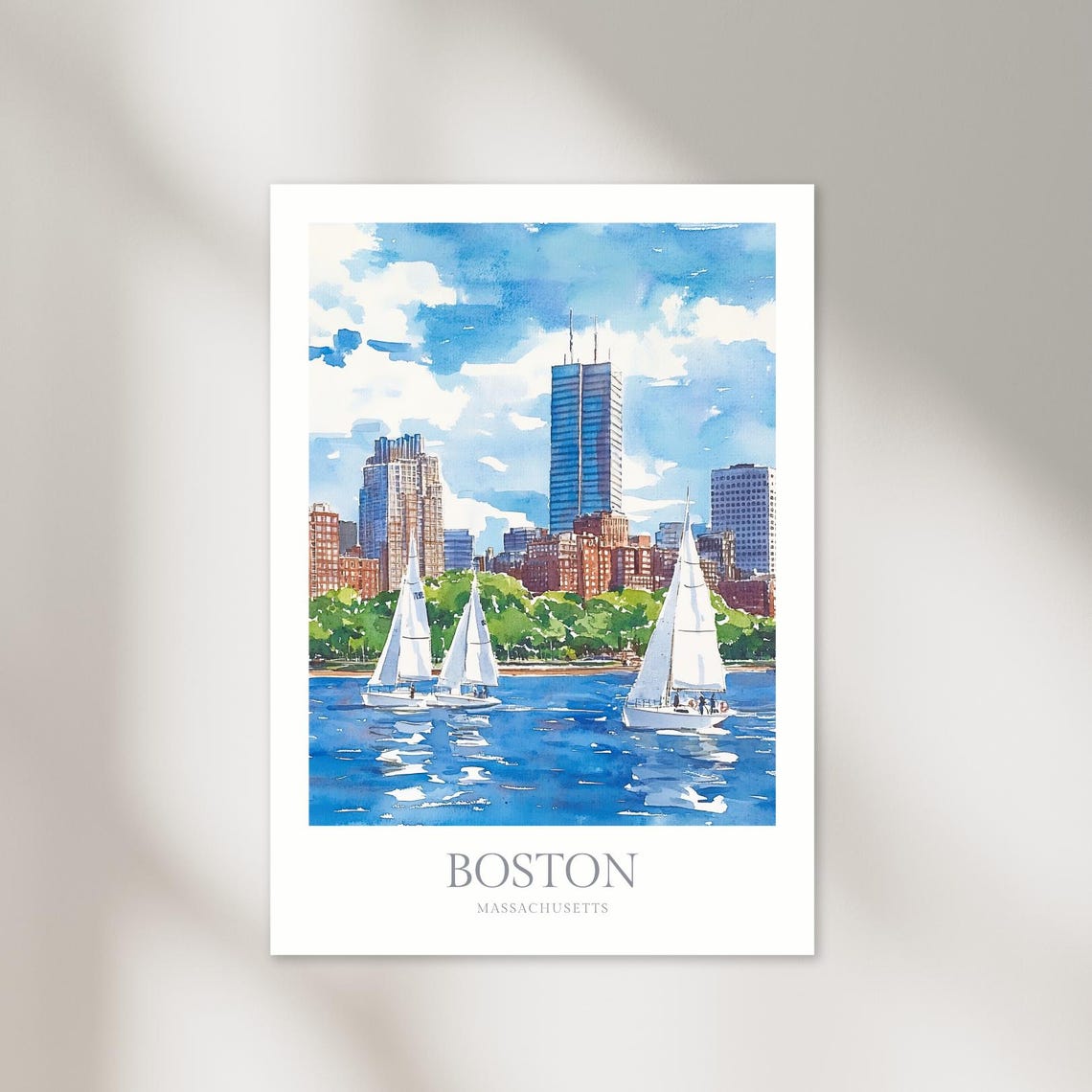 Boston Watercolor Art Print, Massachusetts Skyline (digital Download ...