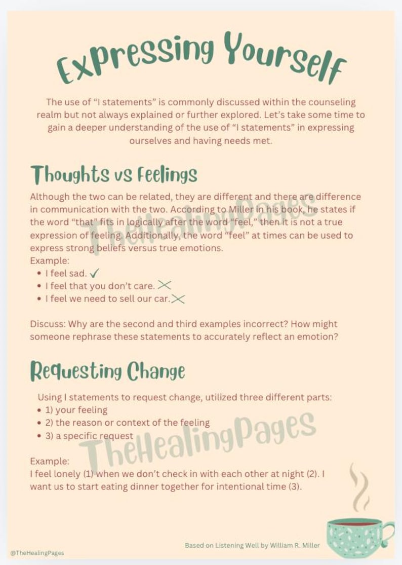 I Statements Communication Worksheet | Therapy Handout | Active ...