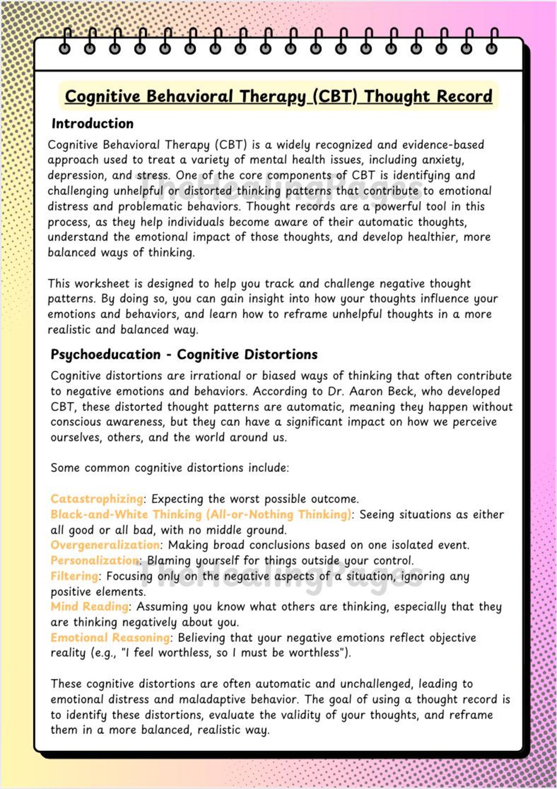 CBT Thought Record Therapy Worksheet Cognitive Behavioral Therapy ...