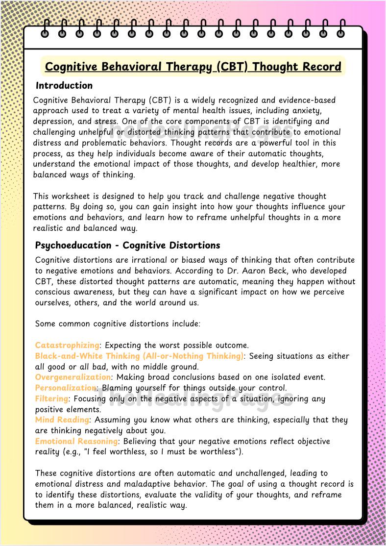 CBT Thought Record Therapy Worksheet - Cognitive Behavioral Therapy ...