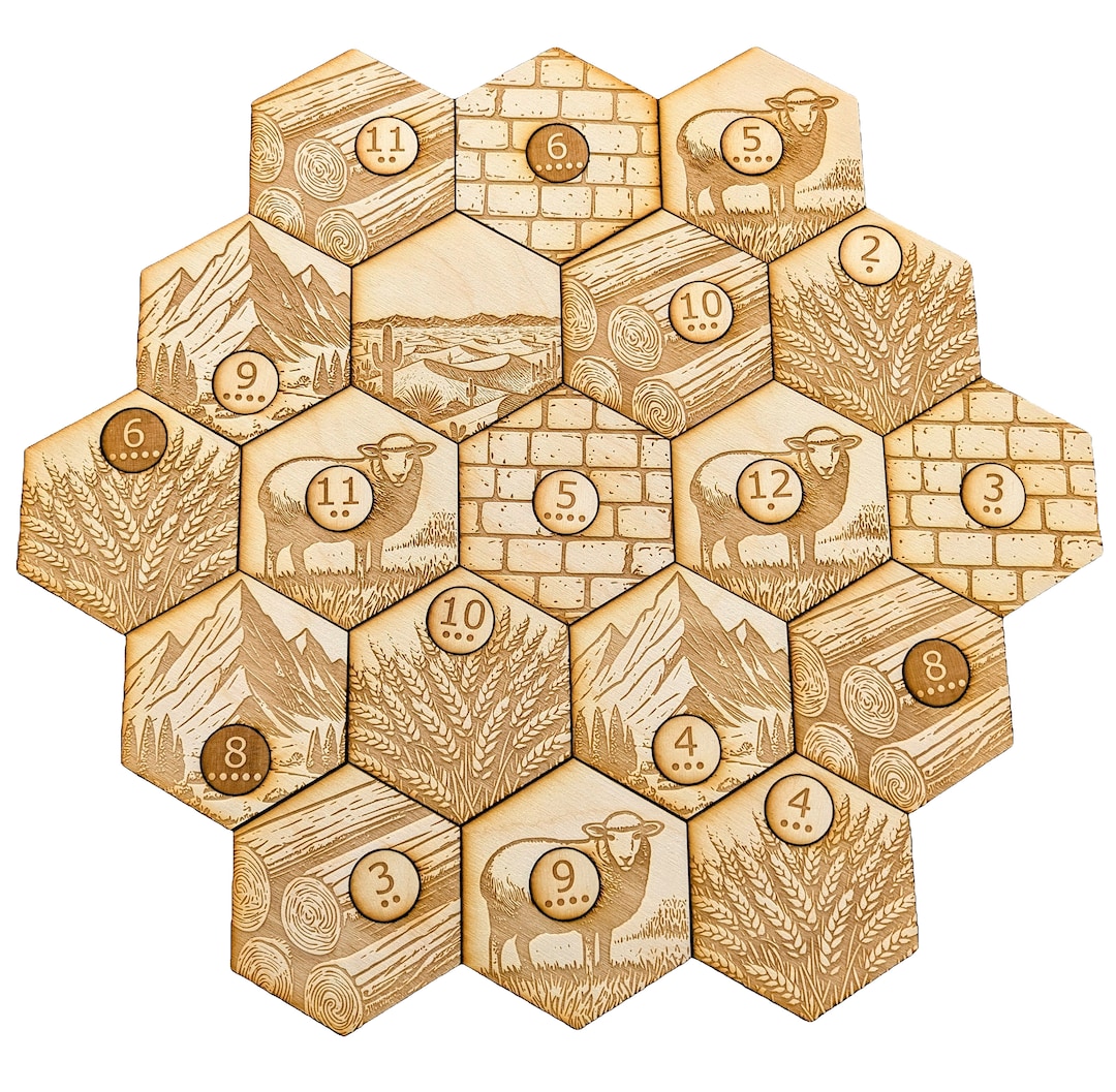 Catan Wood Hexes and Tokens | Laser-etched Birch or Walnut | Replacement Tiles for Settlers of ...