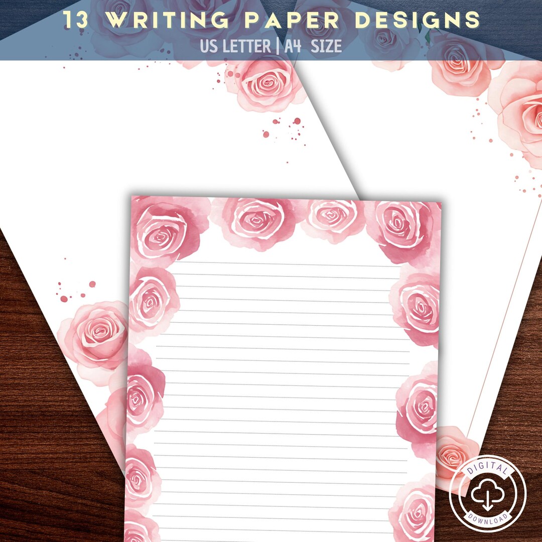 13 Pink Roses Writing Paper | Printable Stationery Set | Lined Digital ...