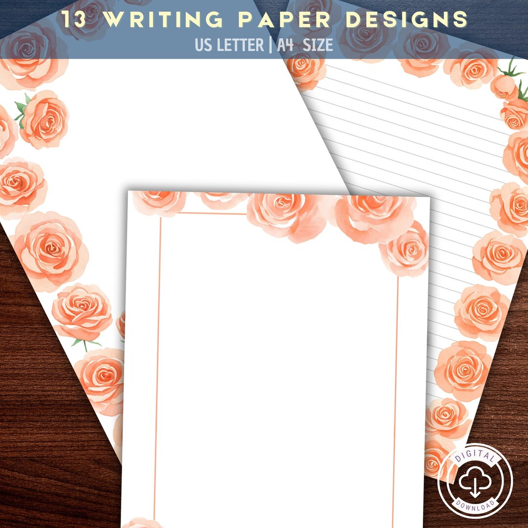 13 Peach Roses Writing Paper | Printable Stationery Set | Lined Digital ...