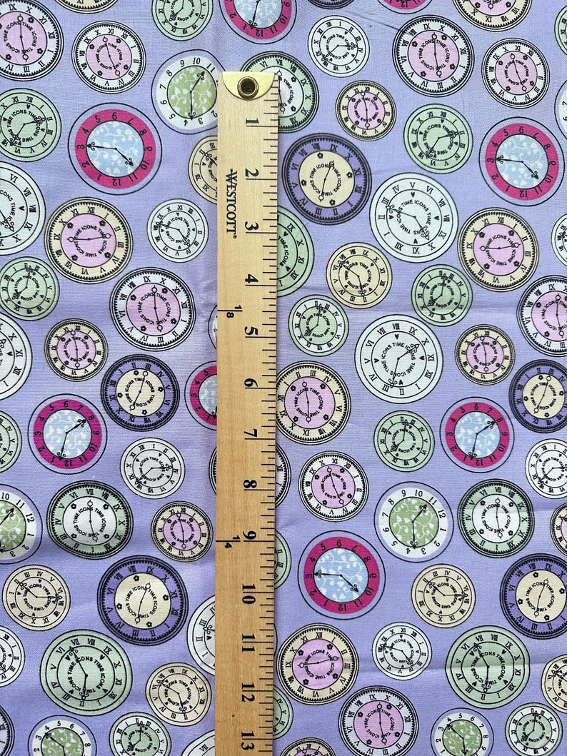 Cotton Fabric With Vintage Clocks Pattern, Pastel Time Print, Quilting ...