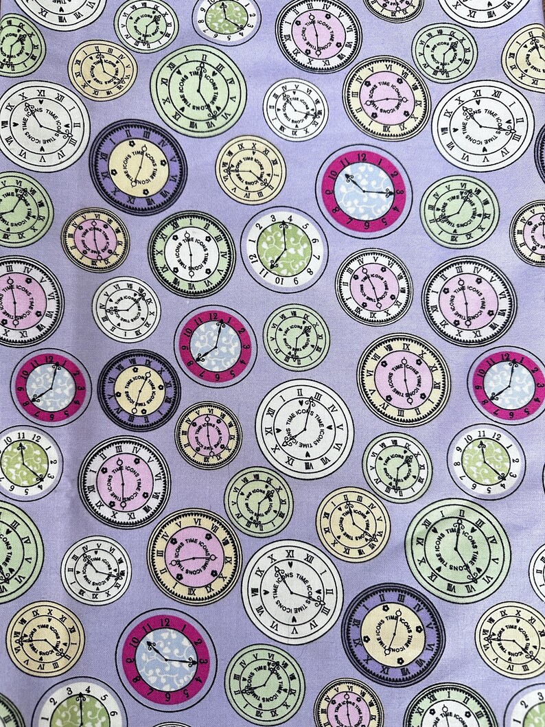 Cotton Fabric With Vintage Clocks Pattern, Pastel Time Print, Quilting ...