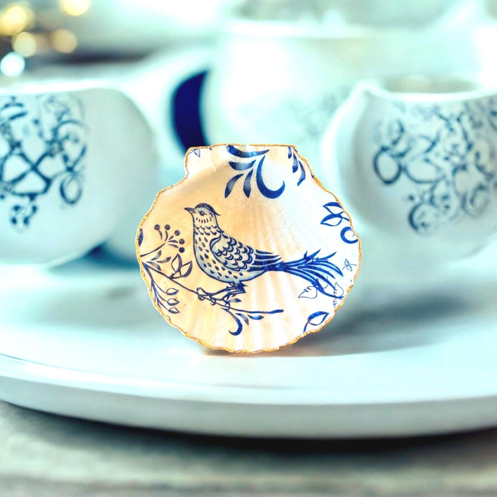 Blue and White Chinoiserie Bird Shell Dish, Trinket Dish, Jewelry Dish ...