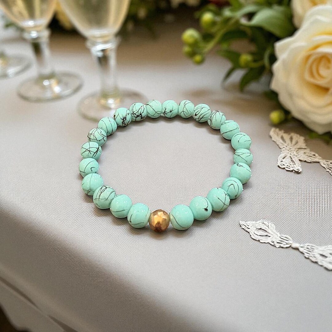 Turquoise Glass Stretch Bead Bracelet; Roll On, Stackable, Layering ...