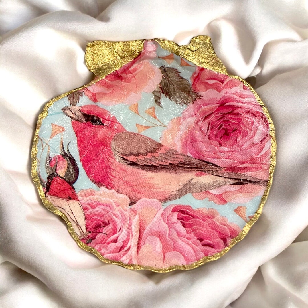 Bird Ring Dish, Vintage Bird and Roses Shell Ring Dish, Bird Trinket ...