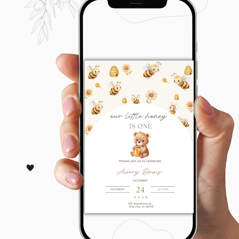 Editable Bee Bear Birthday Invitation, Honeycomb Teddy Bear Theme (5x7 ...