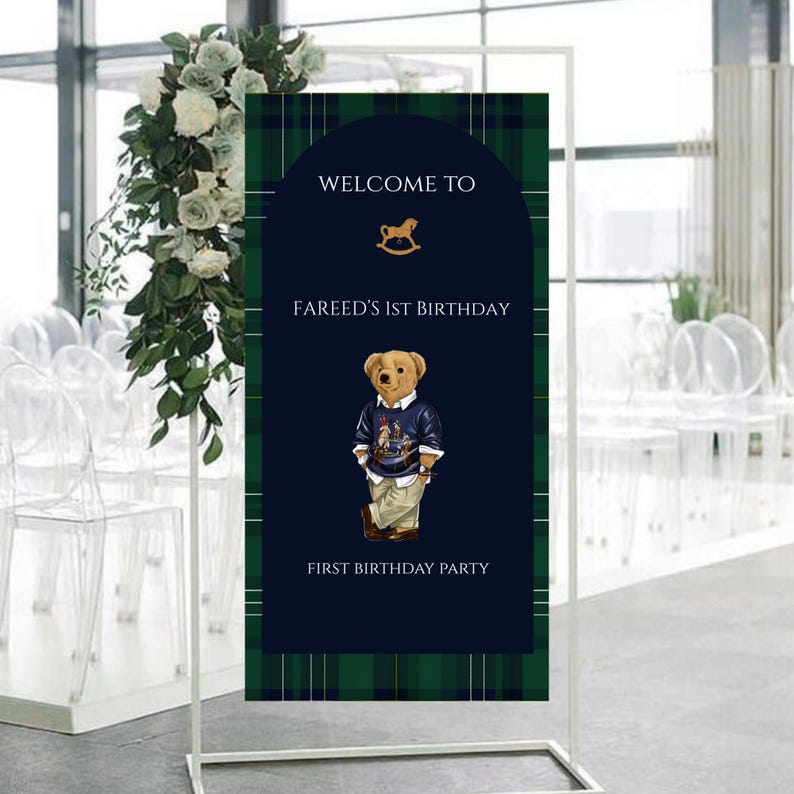 Plaid Teddy Bear Baby Shower Welcome Sign | Equestrian Style (editable ...