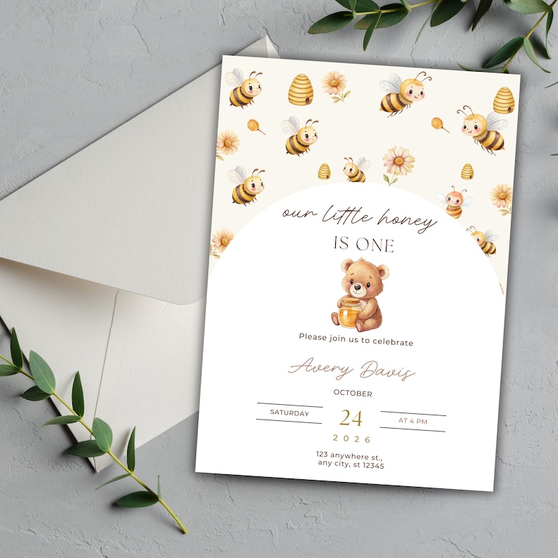 Editable Bee Bear Birthday Invitation, Honeycomb Teddy Bear Theme (5x7 ...