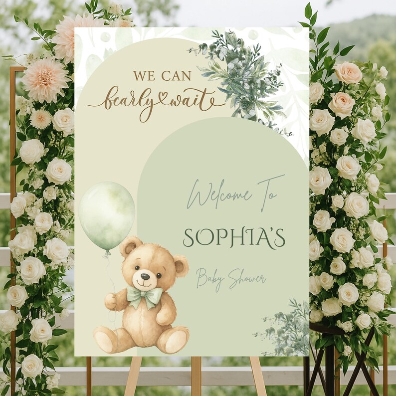 Teddy Bear Baby Shower Welcome Sign: Greenery Beige Decor (digital ...