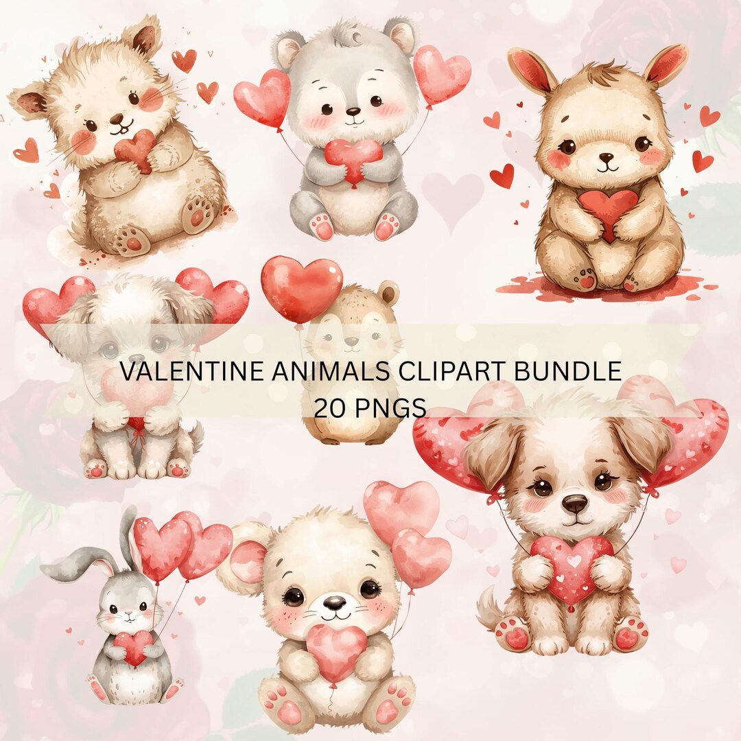 Valentine Animals Clipart Bundle, Animals With Heart Balloons ...