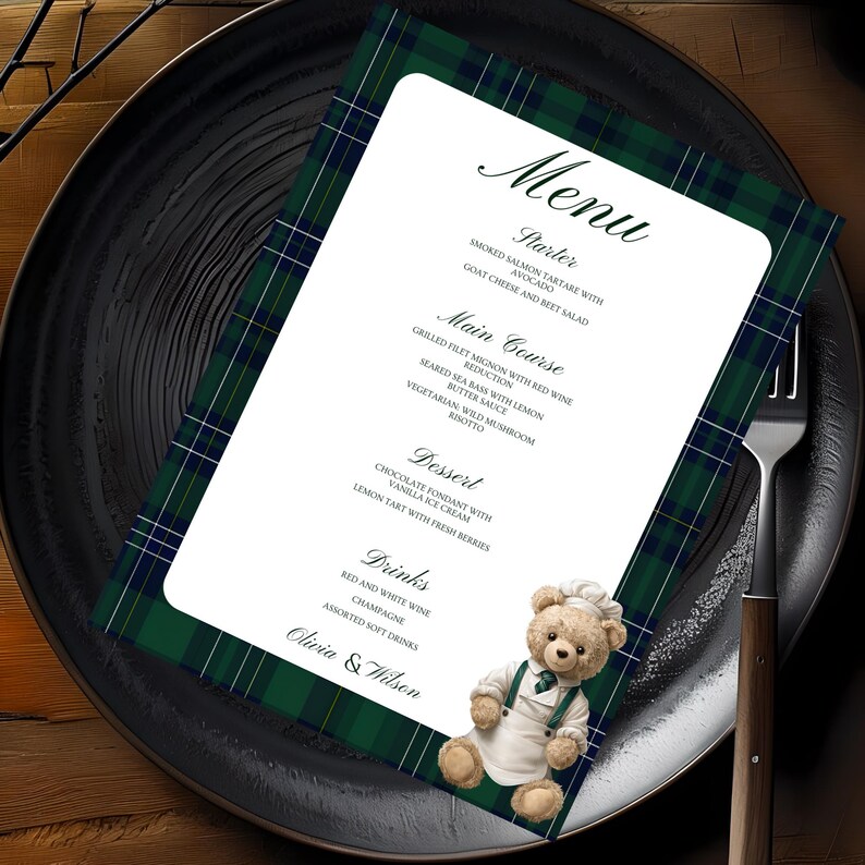 Green Plaid Teddy Bear Menu | Baby Shower, Birthday (digital Download ...