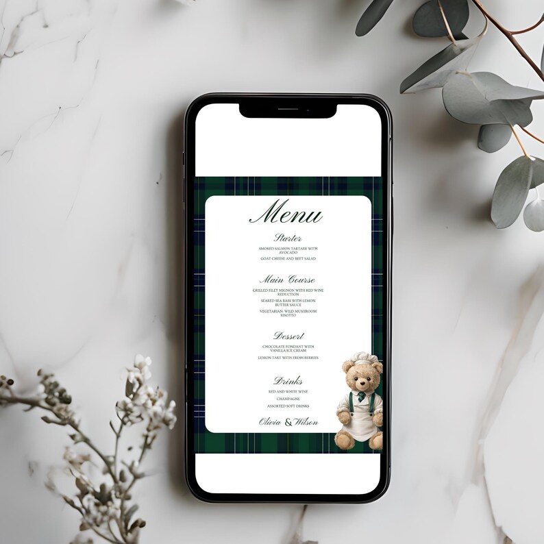 Green Plaid Teddy Bear Menu | Baby Shower, Birthday (digital Download ...