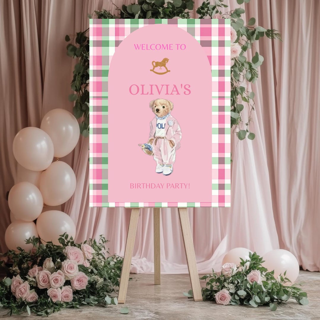 Pink Teddy Bear Baby Shower Welcome Sign, Preppy Girl Theme (canva ...