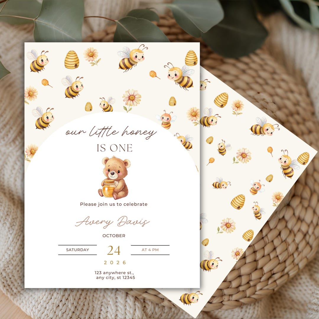 Editable Bee Bear Birthday Invitation, Honeycomb Teddy Bear Theme (5x7 ...