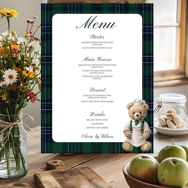 Green Plaid Teddy Bear Menu | Baby Shower, Birthday (digital Download ...