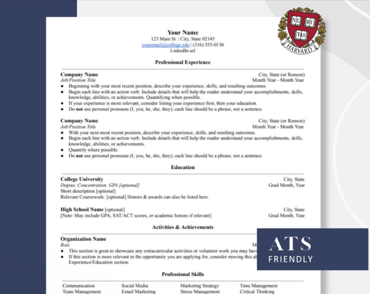 College Resume Template ATS Friendly | Ivy League Approved Resume for ...