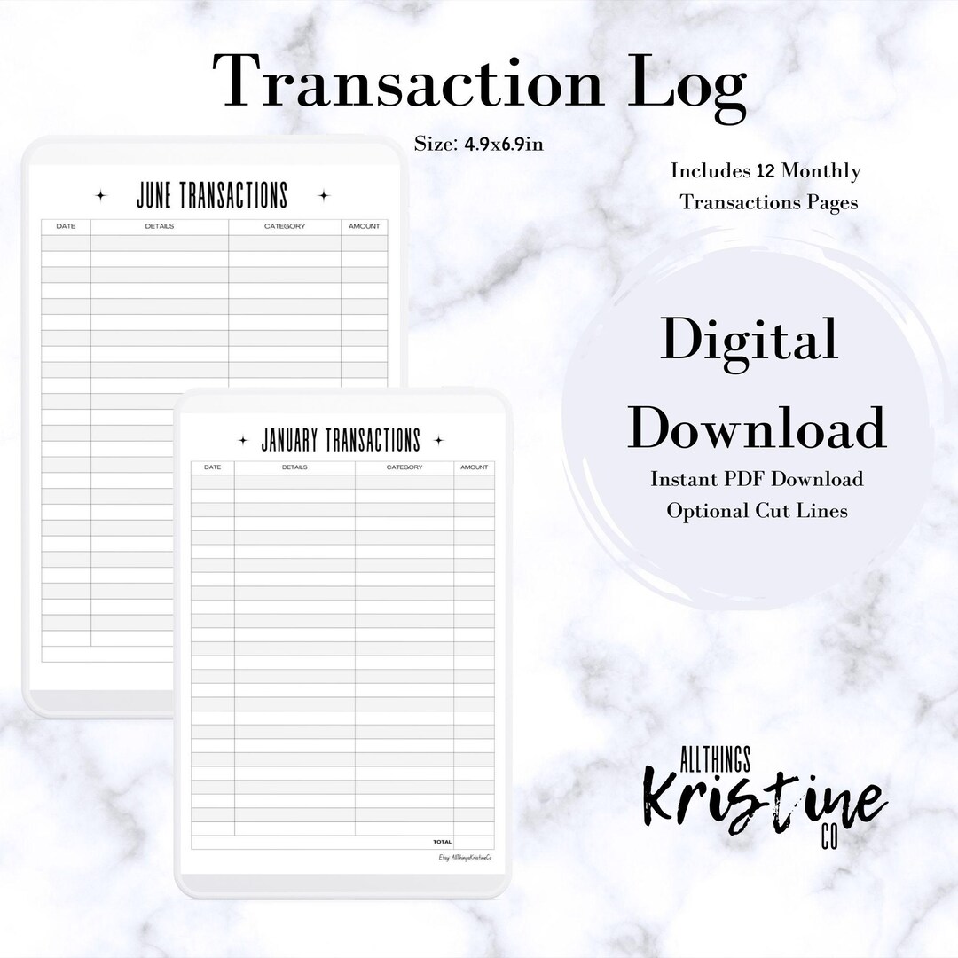 Transaction Log | Planner Printable | PDF Instant Download | 4.9x6.9 In ...