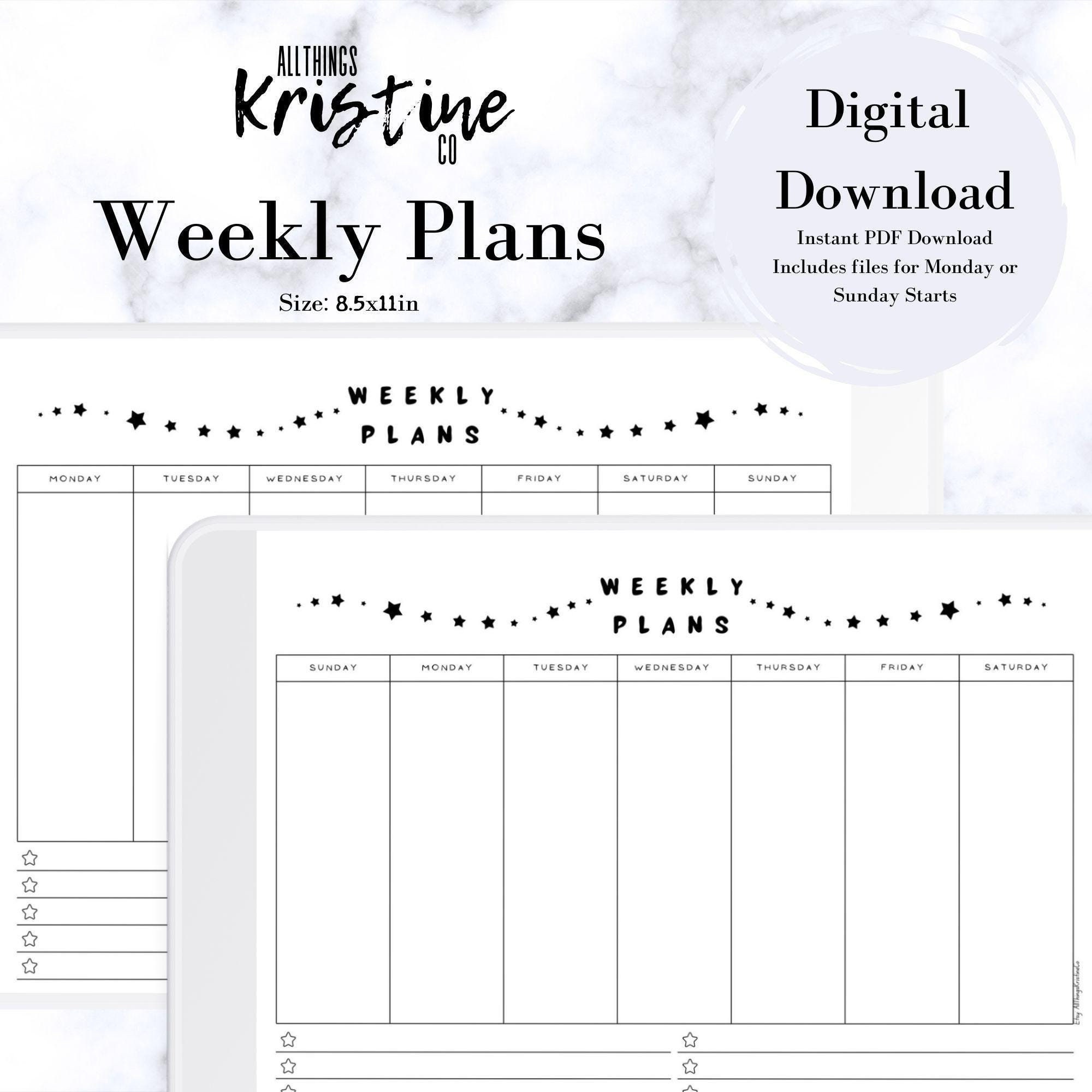Weekly Plans Printable | PDF Instant Download | 8.5x11 In - Etsy