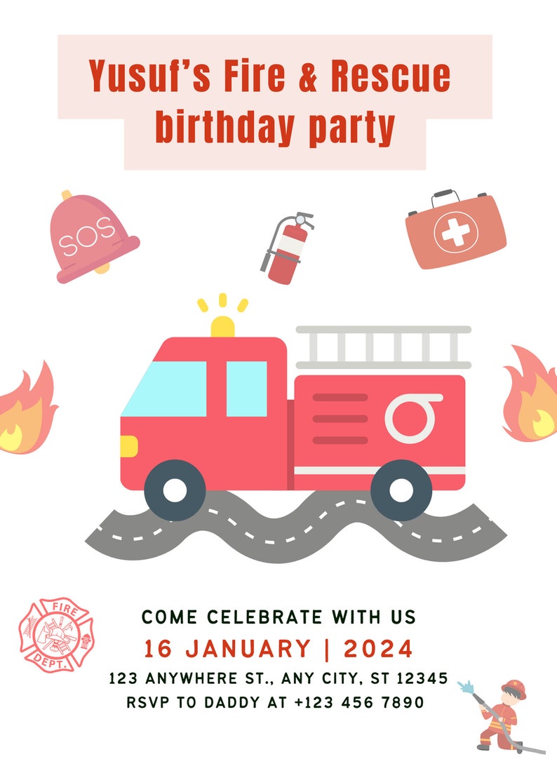 Happy Birthday Invitation Card Template, Fire Station Party, Firemen ...
