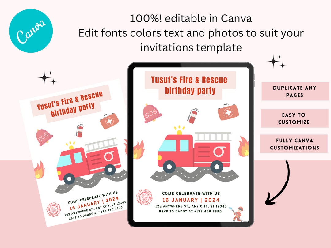 Happy Birthday Invitation Card Template, Fire Station Party, Firemen ...