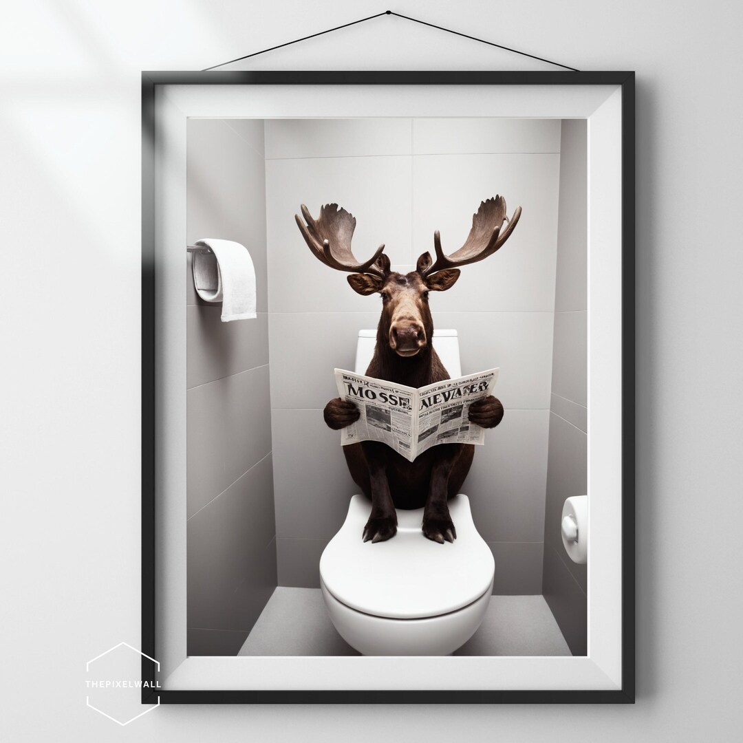 Funny Moose Bathroom Print: Reading Newspaper on Toilet (digital ...