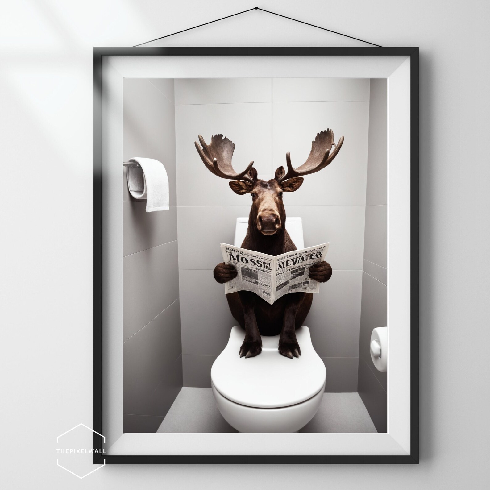 Funny Moose Bathroom Print: Reading Newspaper on Toilet (digital ...