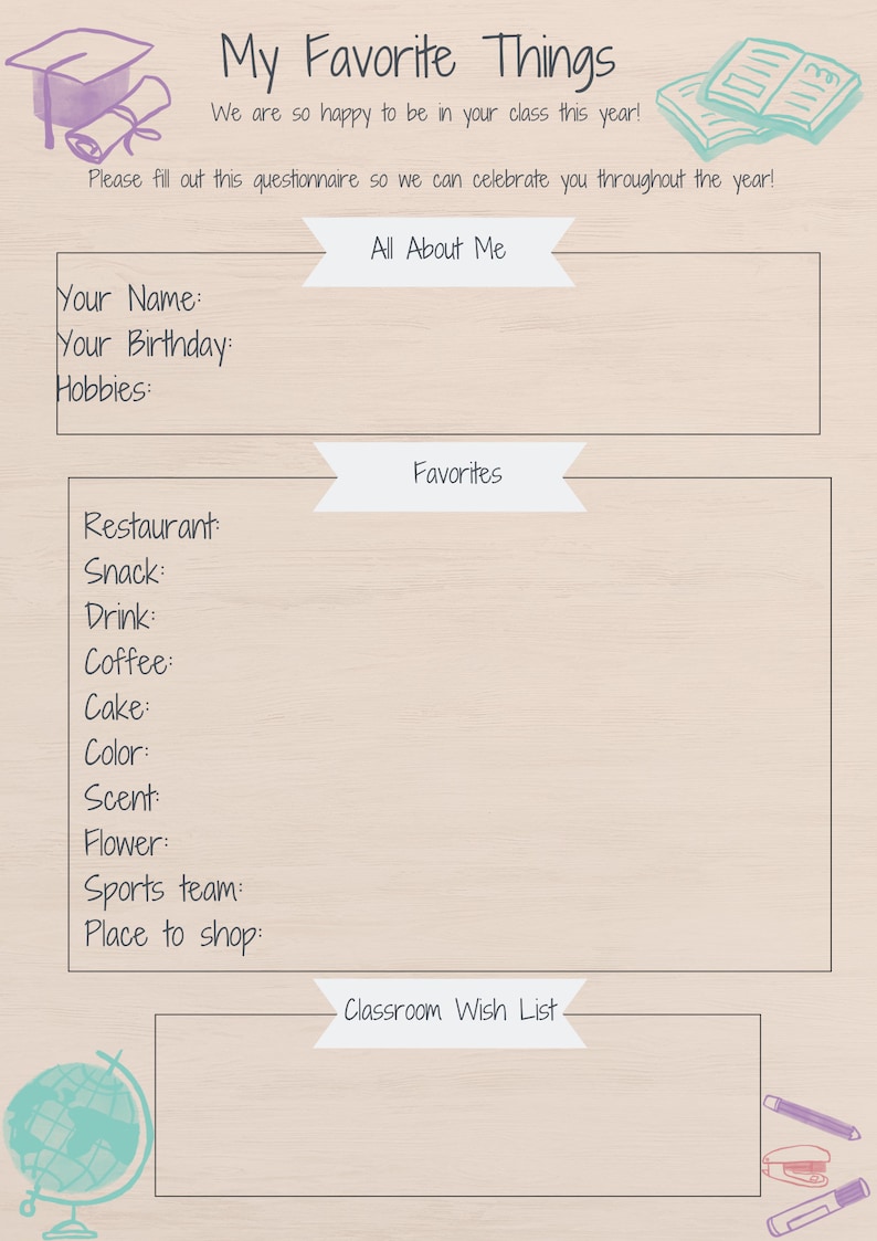 Teacher Favorites // Teacher Questionnaire // Teacher Survey // Teacher ...