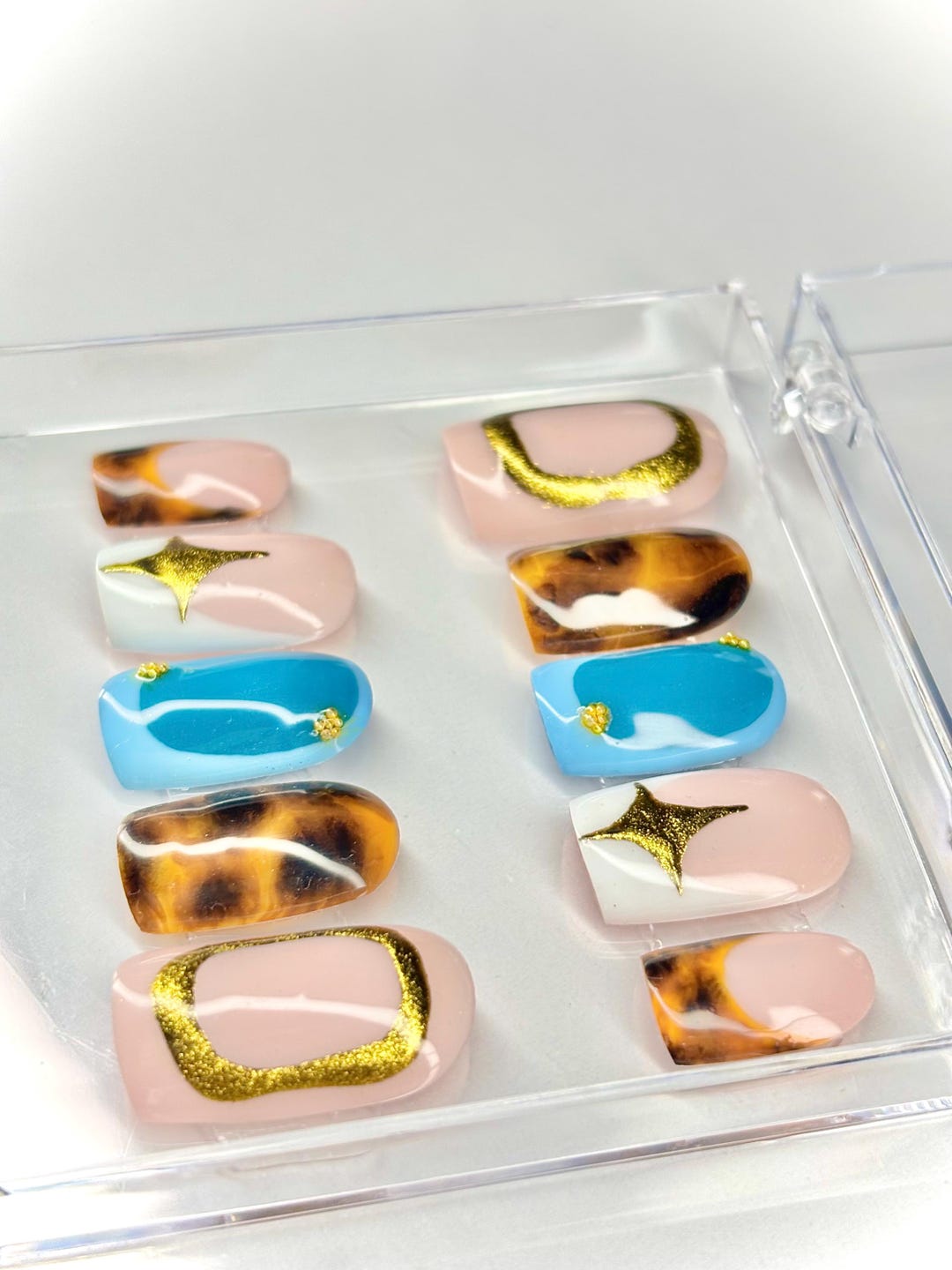 Teal & Tortoise Shell Press on Nails, Chrome Art, Reusable Set - Etsy