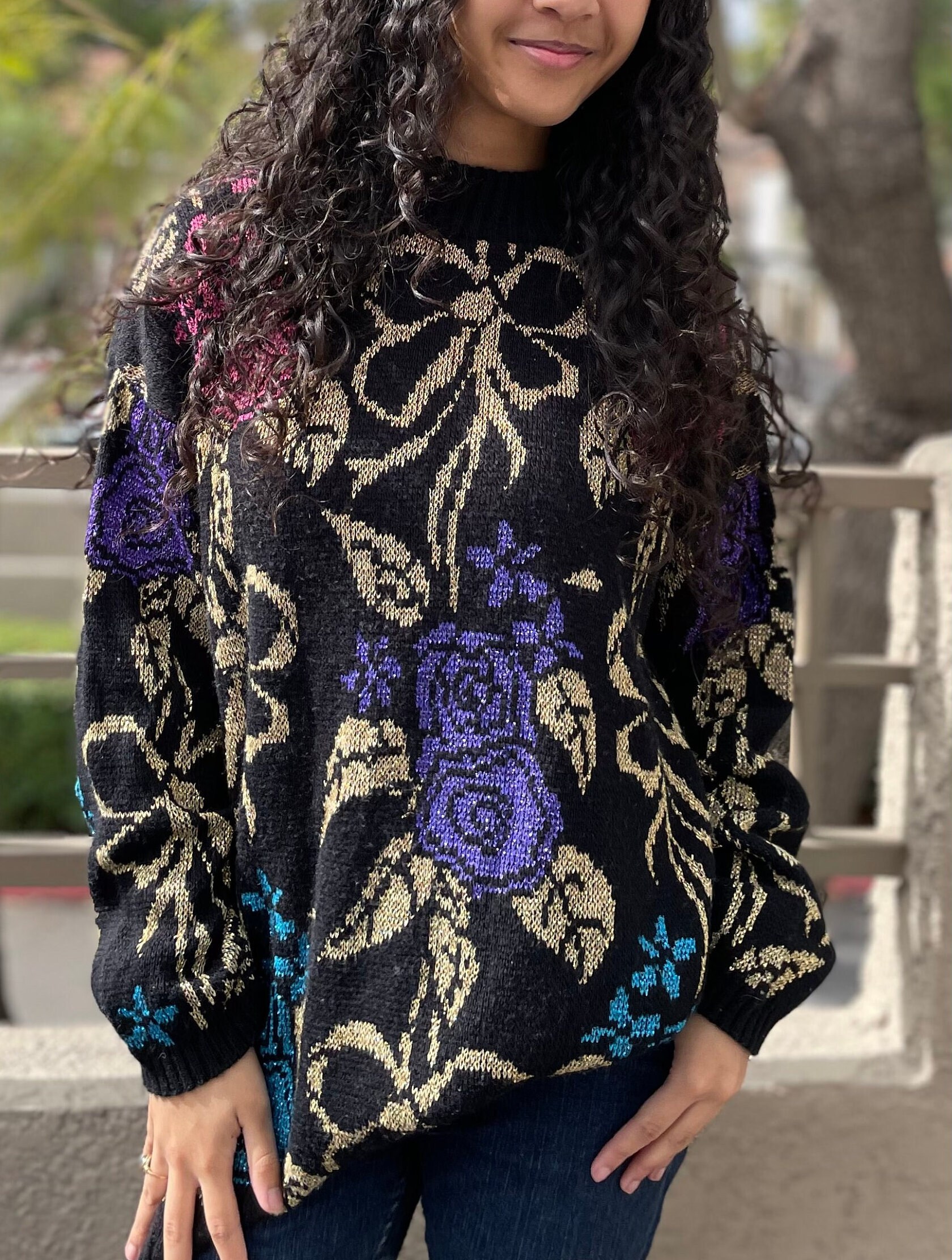 VINTAGE Basic Editions Bold Metallic 90s Sweater Pink, Purple, and Teal ...