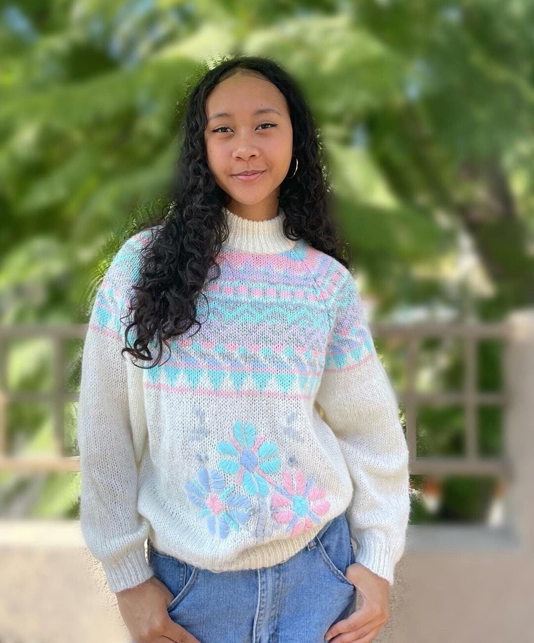 Vintage 80s Fair Isle Shimmer Sweater, Genesis Pastel Knit, Daisies ...