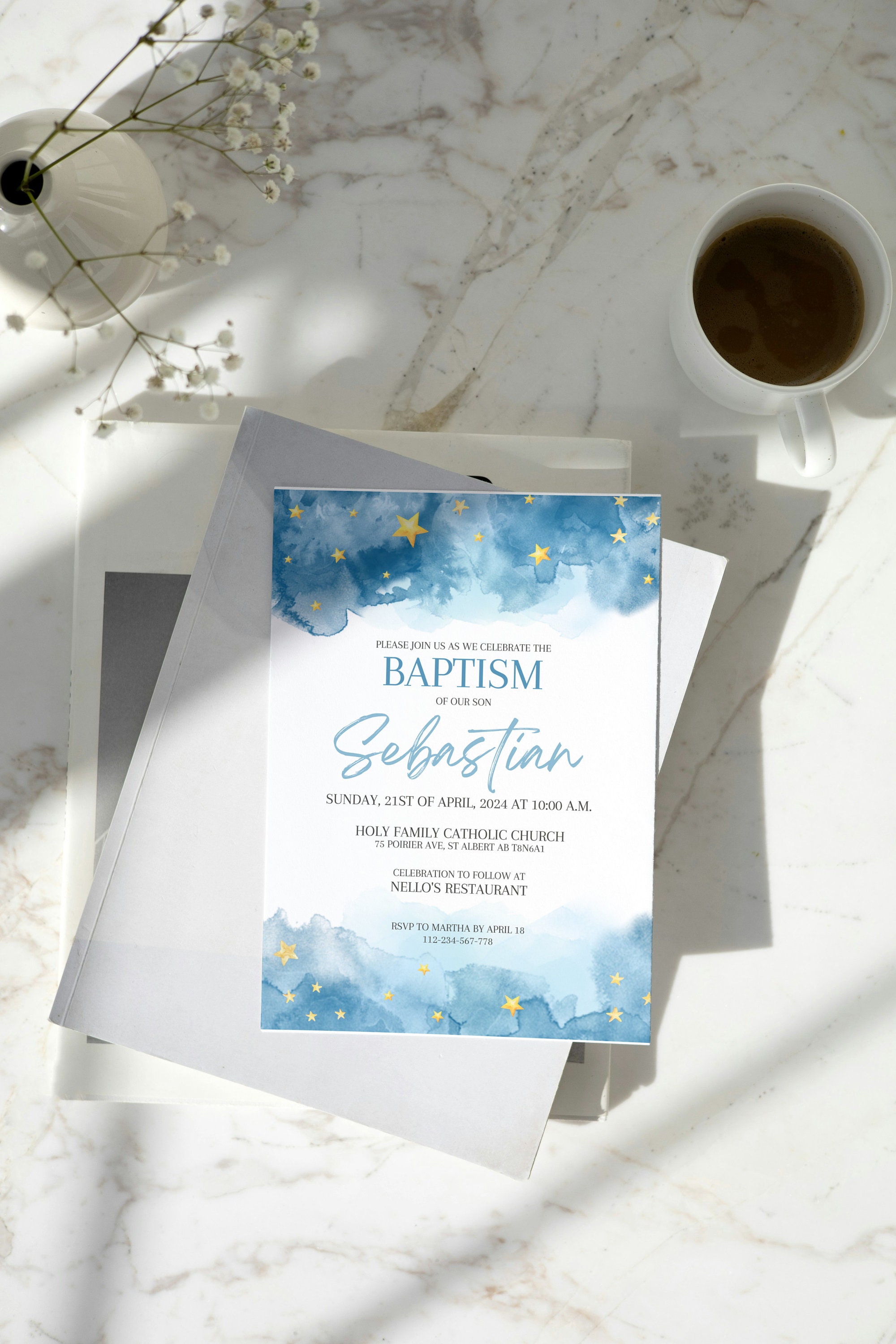 Blue Watercolor Baptism Invitation, Sky and Stars Template (digital ...