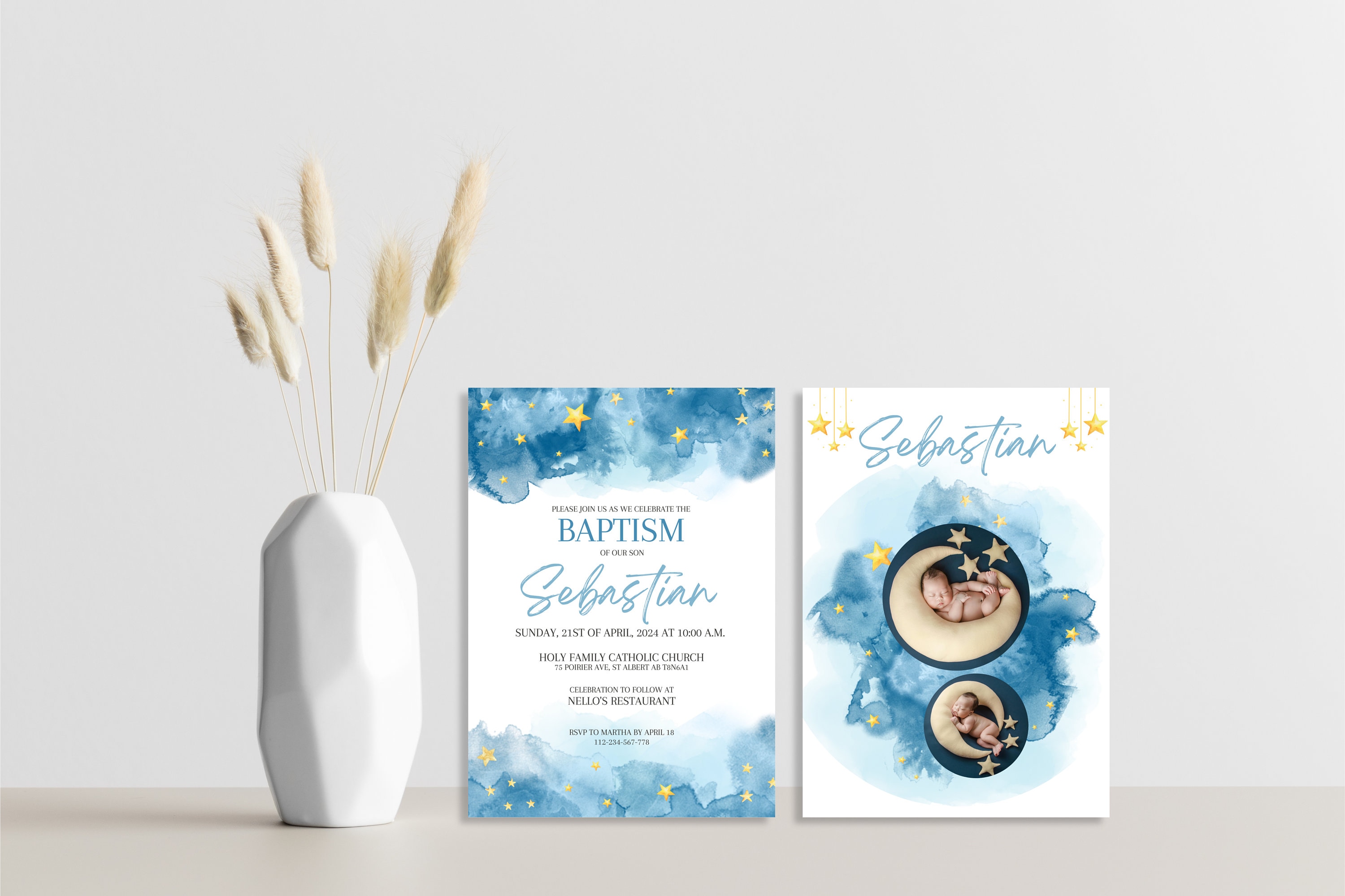 Blue Watercolor Baptism Invitation, Sky and Stars Template (digital ...