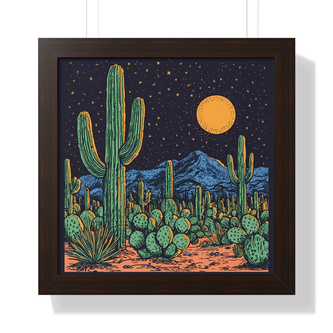 Vertical Poster, Southwestern Night Illustration Print, Cacti Desert ...