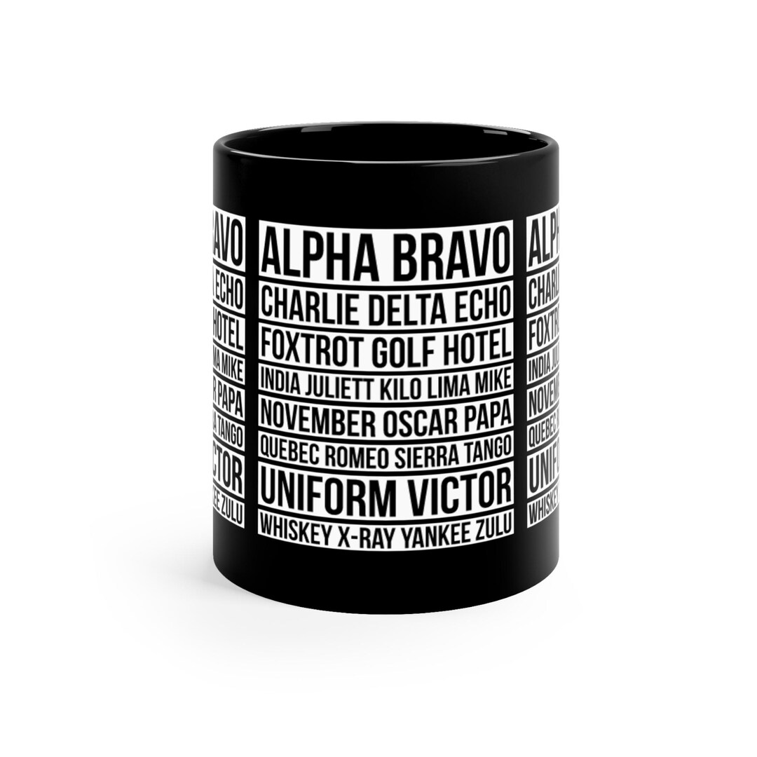 Military Coffee Mug, NATO Phonetic Alphabet Black Ceramic Cup, Army ...