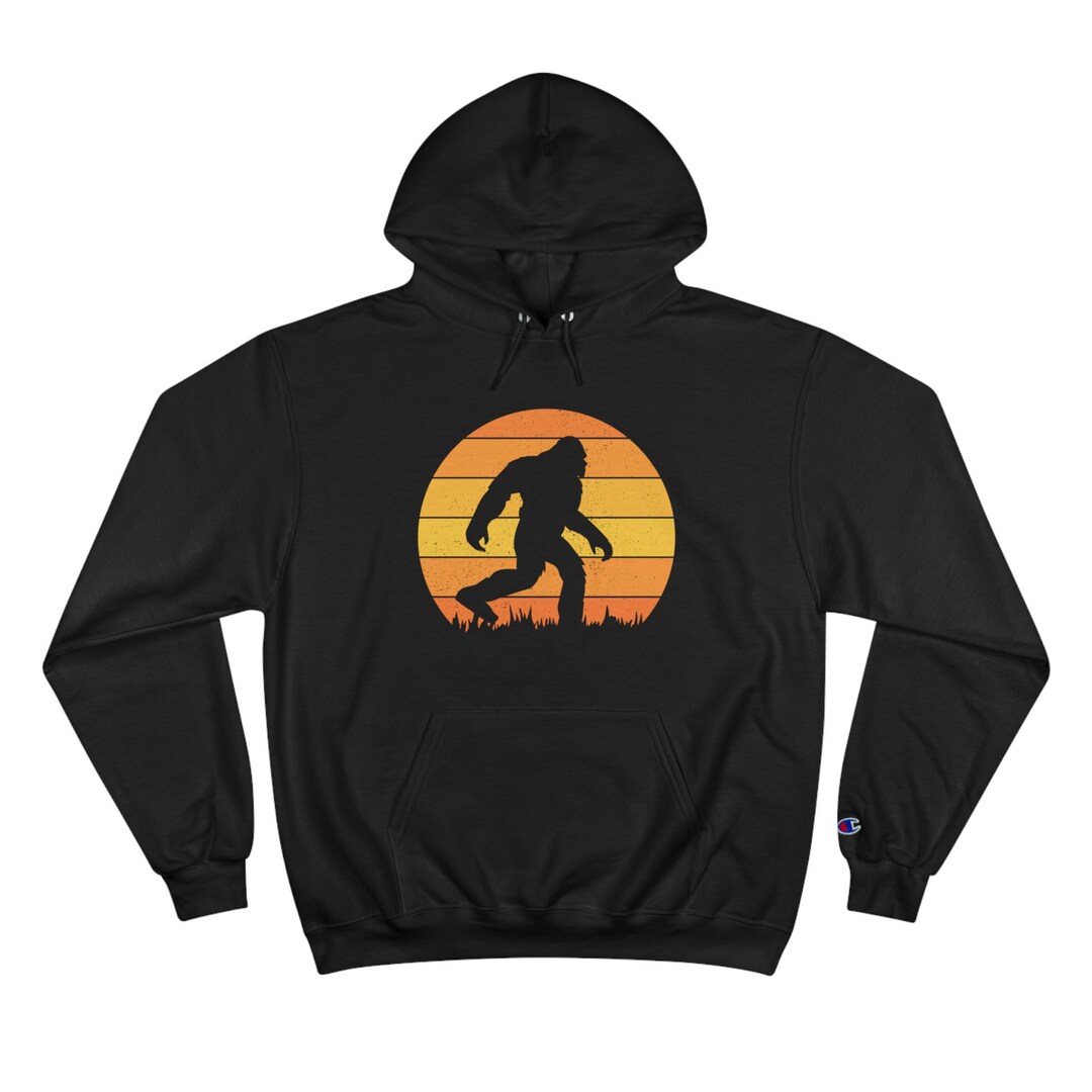 Bigfoot Black Champion Hoodie, Sasquatch Hooded Sweatshirt, Cryptid ...