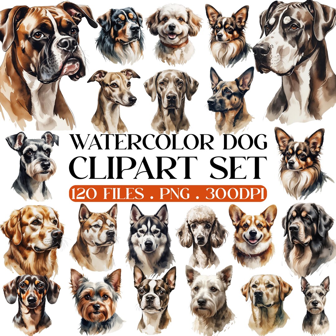 120 Watercolor Dog Portrait Clipart Bundle, Hand-painted Animal ...