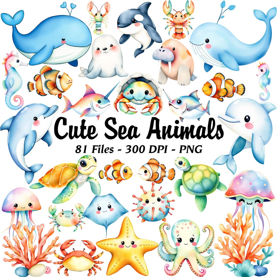 Watercolor Sea Animals Clipart: 81 PNG Bundle, Commercial Use - Etsy
