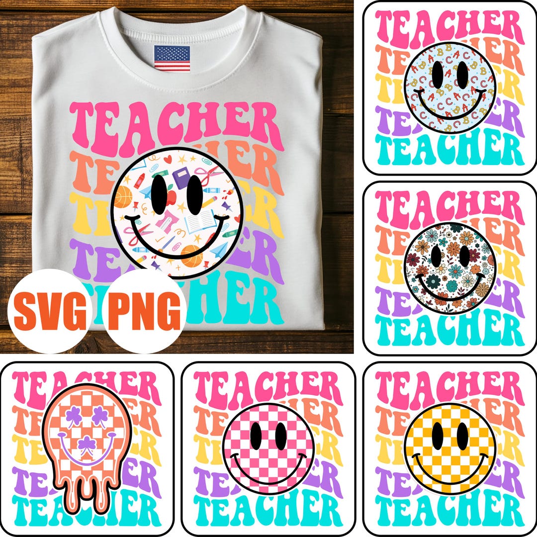 Retro Teacher Smiley Face PNG SVG Bundle: Colorful Back to School ...