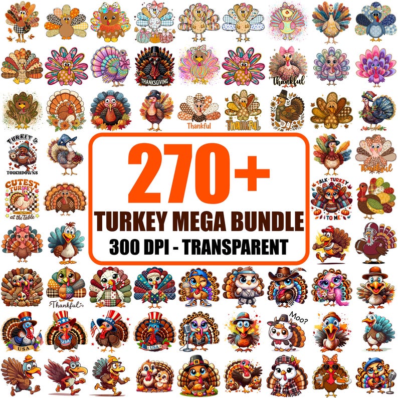 270+ Thanksgiving Turkey PNG Bundle: Watercolor & Cartoon Clipart ...