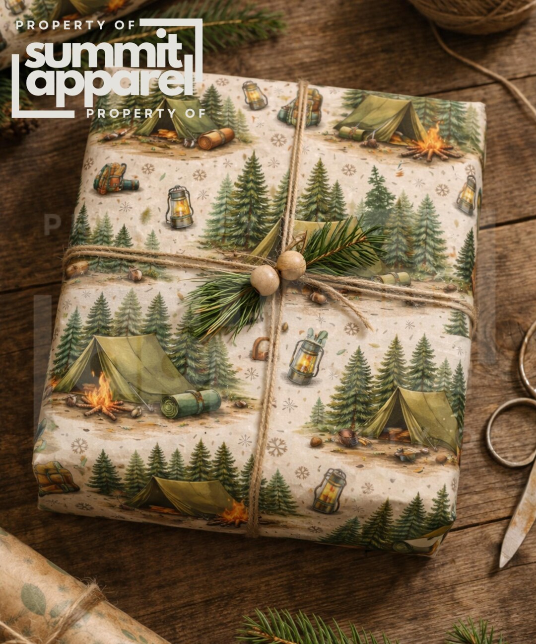 Camping Wrapping Paper, Evergreen Forest Gift Wrap, Tents and Campfire ...