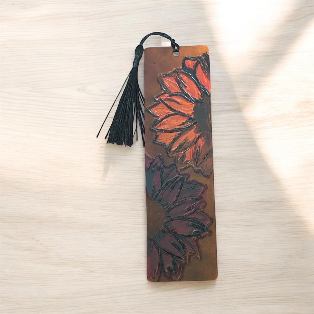 Hand-painted Hand-tooled Leather Bookmark | 2x7 Inch Custom Sunflower ...