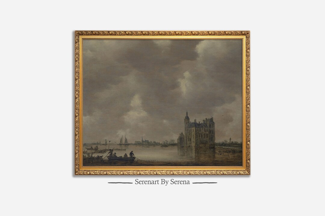 A Castle by a River Vintage Oil Painting Wall Art, Rustic and Primitive ...