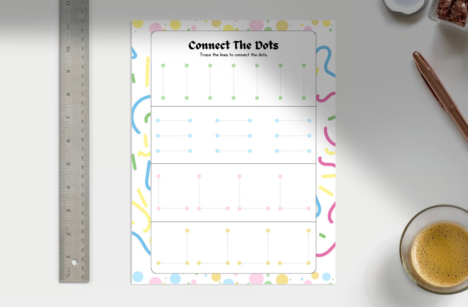 Colorful Connect the Dots Curved Lines Prewriting Worksheet - Digital ...