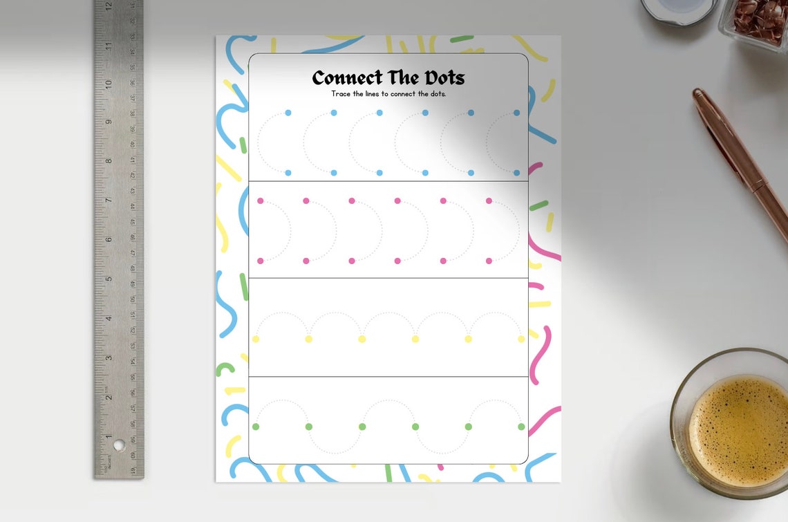 Colorful Connect the Dots Curved Lines Prewriting Worksheet - Digital ...